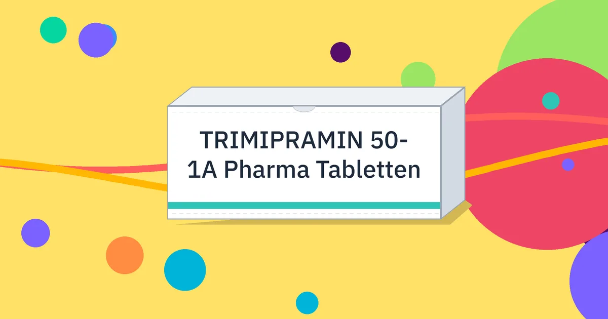 Symbolbild: Packung mit der Aufschrift TRIMIPRAMIN 50-1A Pharma Tabletten (PZN 00278250) – Verfügbarkeit und Bezug in Apotheken in Frankfurt am Main