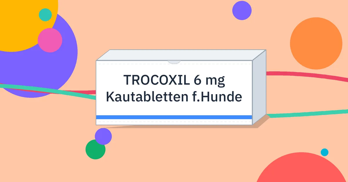 Symbolbild: Packung mit der Aufschrift TROCOXIL 6 mg Kautabletten f.Hunde (PZN 05738242) – Verfügbarkeit und Bezug in Apotheken in Frankfurt am Main
