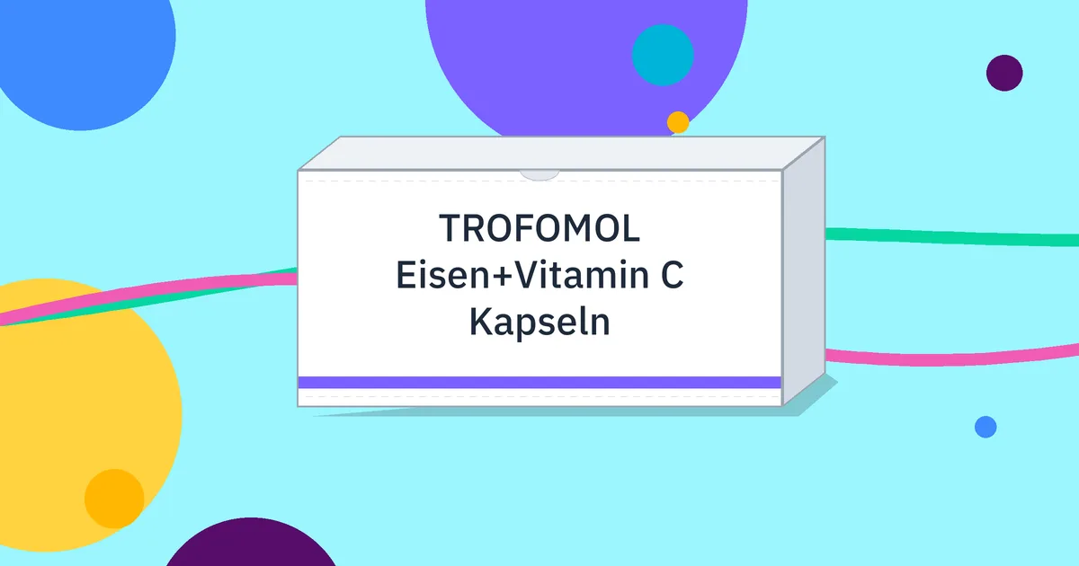 Symbolbild: Packung mit der Aufschrift TROFOMOL Eisen+Vitamin C Kapseln (PZN 20218468) – Verfügbarkeit und Bezug in Apotheken in Frankfurt am Main