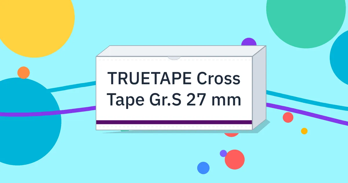 Symbolbild: Packung mit der Aufschrift TRUETAPE Cross Tape Gr.S 27 mm (PZN 19788522) – Verfügbarkeit und Bezug in Apotheken in Frankfurt am Main