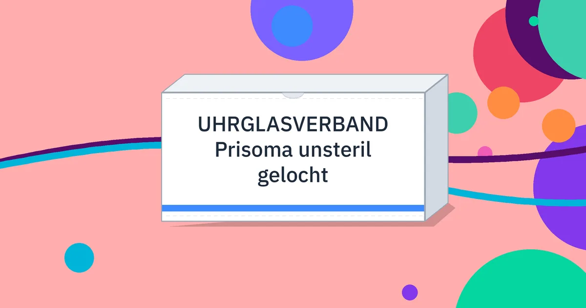 Symbolbild: Packung mit der Aufschrift UHRGLASVERBAND Prisoma unsteril gelocht (PZN 19278459) – Verfügbarkeit und Bezug in Apotheken in Frankfurt am Main
