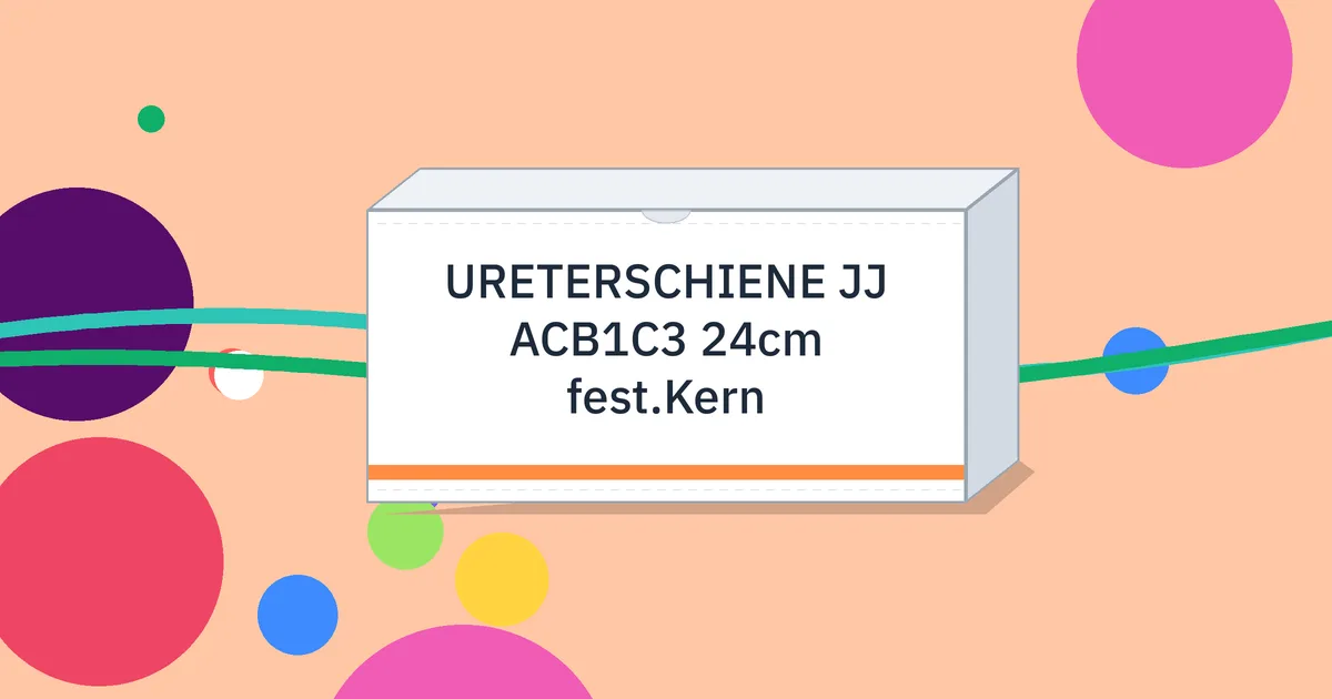 Symbolbild: Packung mit der Aufschrift URETERSCHIENE JJ ACB1C3 24cm fest.Kern (PZN 02178802) – Verfügbarkeit und Bezug in Apotheken in Frankfurt am Main