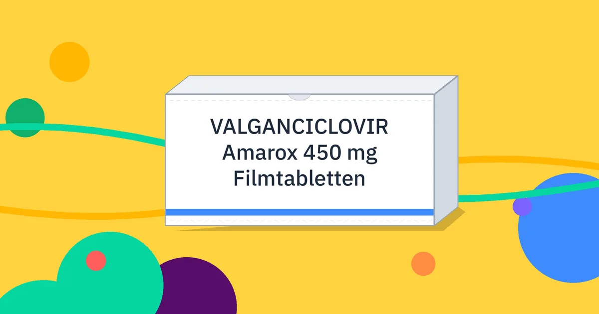Symbolbild: Packung mit der Aufschrift VALGANCICLOVIR Amarox 450 mg Filmtabletten (PZN 16369569) – Verfügbarkeit und Bezug in Apotheken in Frankfurt am Main