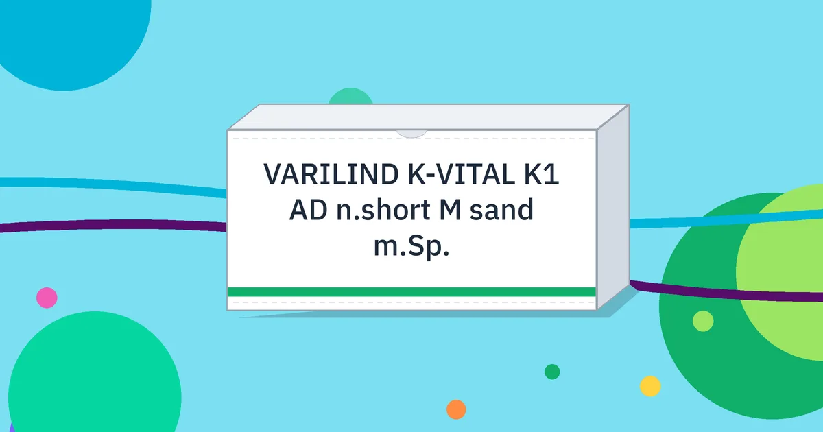 Symbolbild: Packung mit der Aufschrift VARILIND K-VITAL K1 AD n.short M sand m.Sp. (PZN 20565796) – Verfügbarkeit und Bezug in Apotheken in Frankfurt am Main