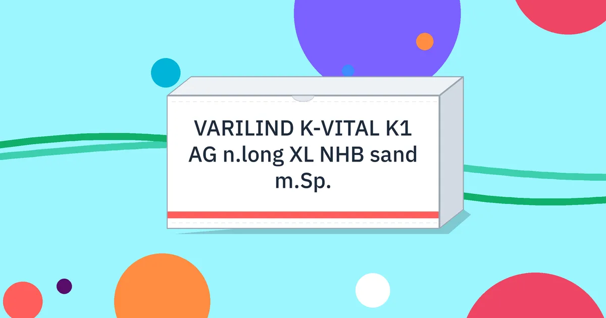 Symbolbild: Packung mit der Aufschrift VARILIND K-VITAL K1 AG n.long XL NHB sand m.Sp. (PZN 20562728) – Verfügbarkeit und Bezug in Apotheken in Frankfurt am Main