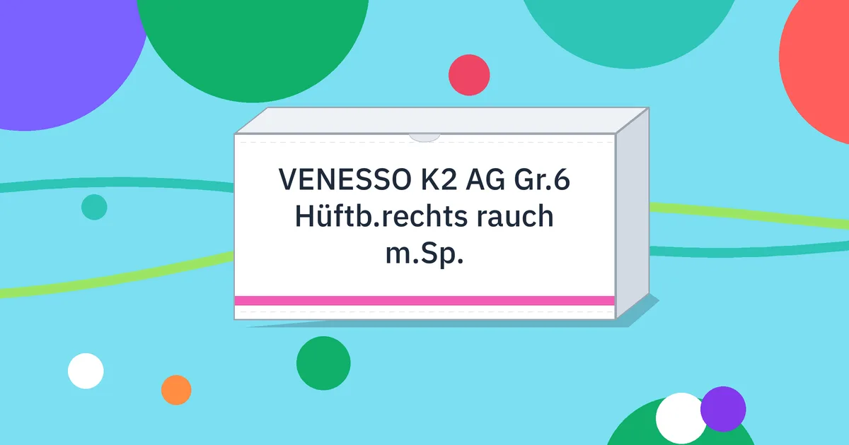 Symbolbild: Packung mit der Aufschrift VENESSO K2 AG Gr.6 Hüftb.rechts rauch m.Sp. (PZN 03274838) – Verfügbarkeit und Bezug in Apotheken in Frankfurt am Main