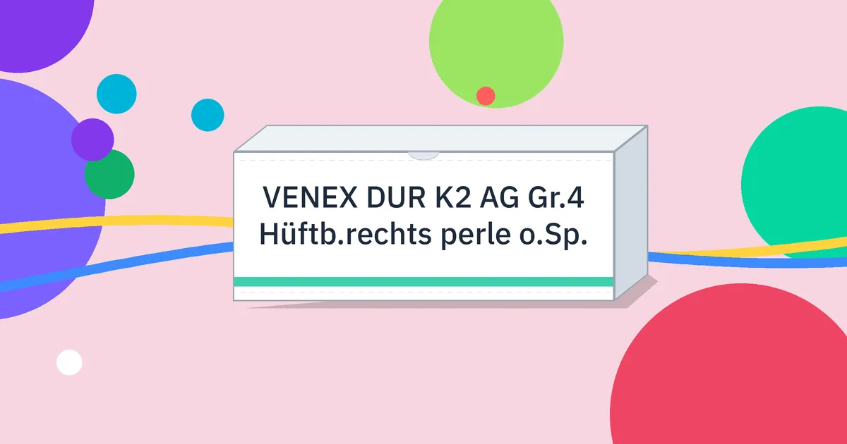 Symbolbild: Packung mit der Aufschrift VENEX DUR K2 AG Gr.4 Hüftb.rechts perle o.Sp. (PZN 03231622) – Verfügbarkeit und Bezug in Apotheken in Frankfurt am Main