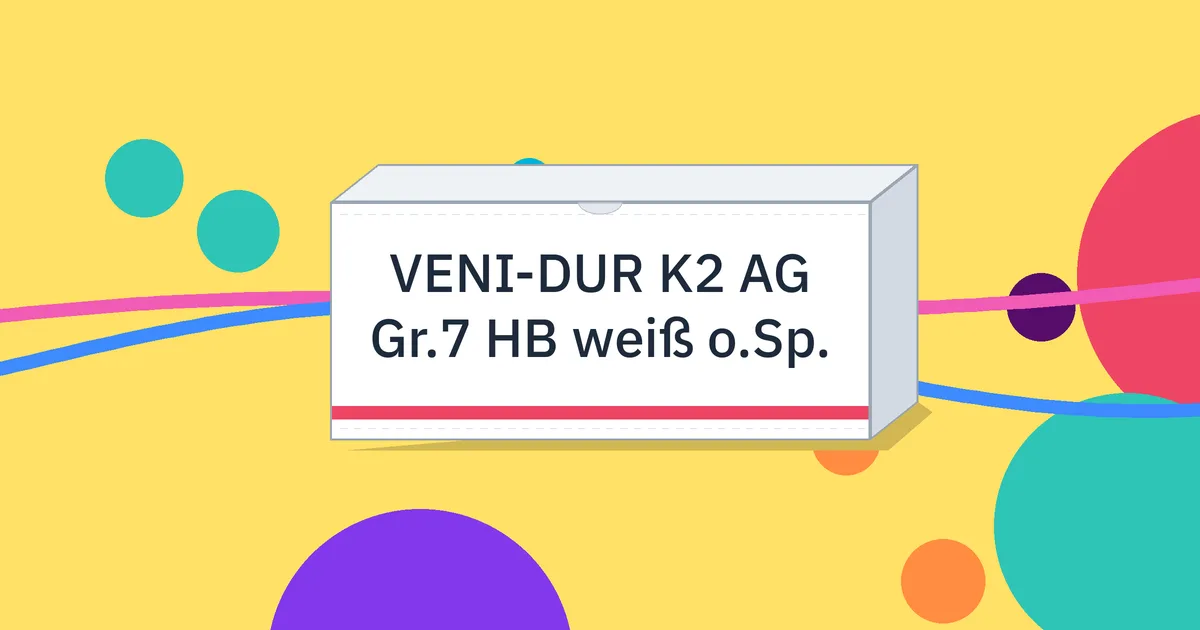 Symbolbild: Packung mit der Aufschrift VENI-DUR K2 AG Gr.7 HB weiß o.Sp. (PZN 03245305) – Verfügbarkeit und Bezug in Apotheken in Frankfurt am Main