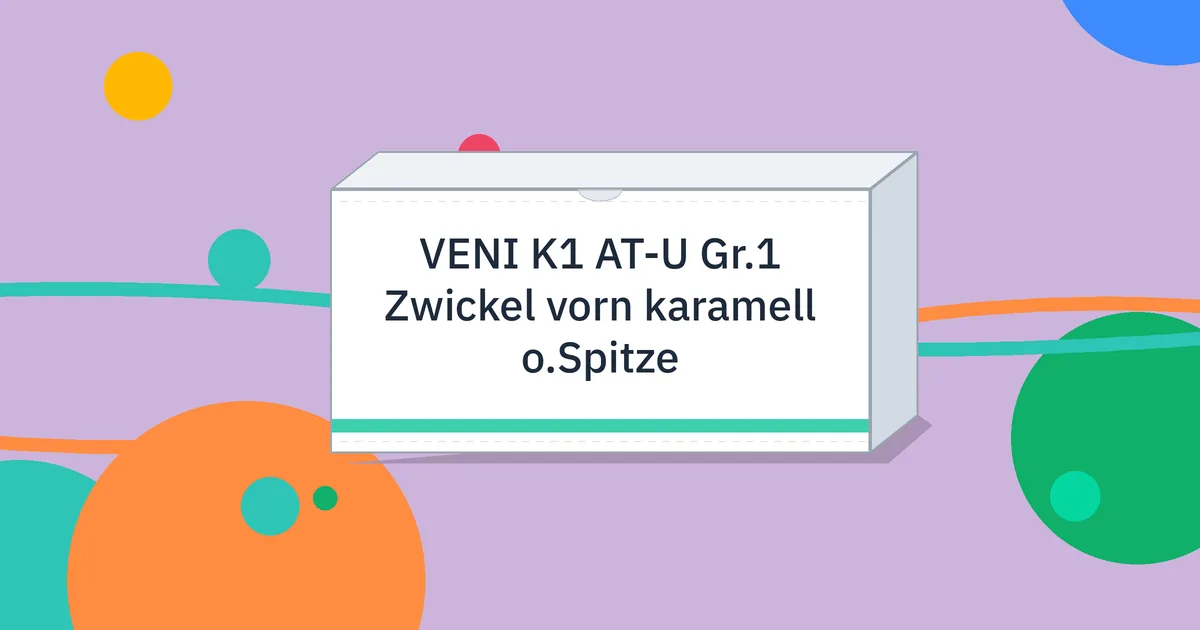 Symbolbild: Packung mit der Aufschrift VENI K1 AT-U Gr.1 Zwickel vorn karamell o.Spitze (PZN 13758810) – Verfügbarkeit und Bezug in Apotheken in Frankfurt am Main