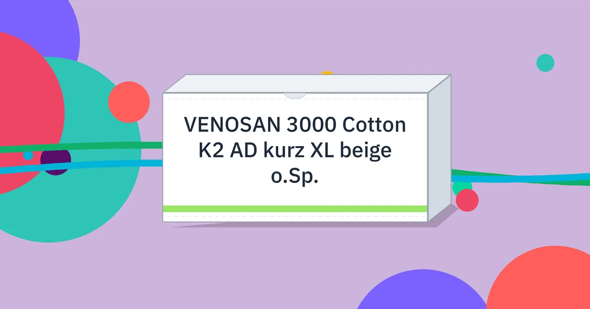 Symbolbild: Packung mit der Aufschrift VENOSAN 3000 Cotton K2 AD kurz XL beige o.Sp. (PZN 14421248) – Verfügbarkeit und Bezug in Apotheken in Frankfurt am Main