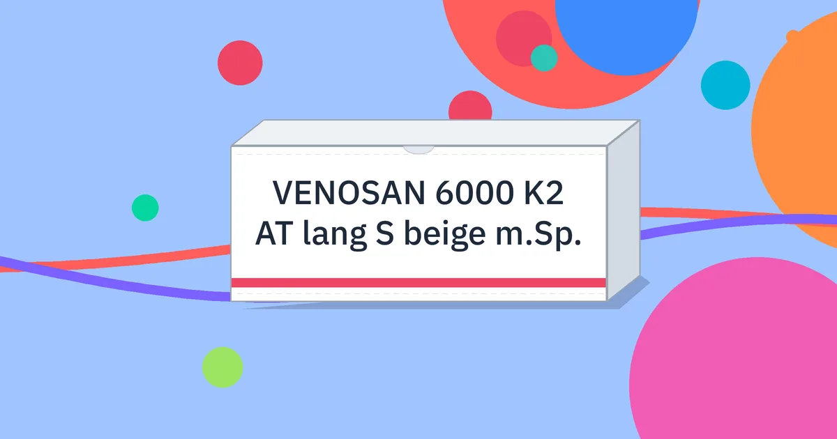 Symbolbild: Packung mit der Aufschrift VENOSAN 6000 K2 AT lang S beige m.Sp. (PZN 17173130) – Verfügbarkeit und Bezug in Apotheken in Frankfurt am Main