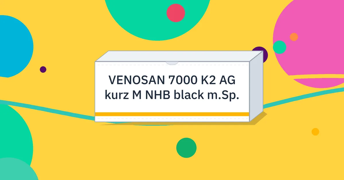 Symbolbild: Packung mit der Aufschrift VENOSAN 7000 K2 AG kurz M NHB black m.Sp. (PZN 14436037) – Verfügbarkeit und Bezug in Apotheken in Frankfurt am Main