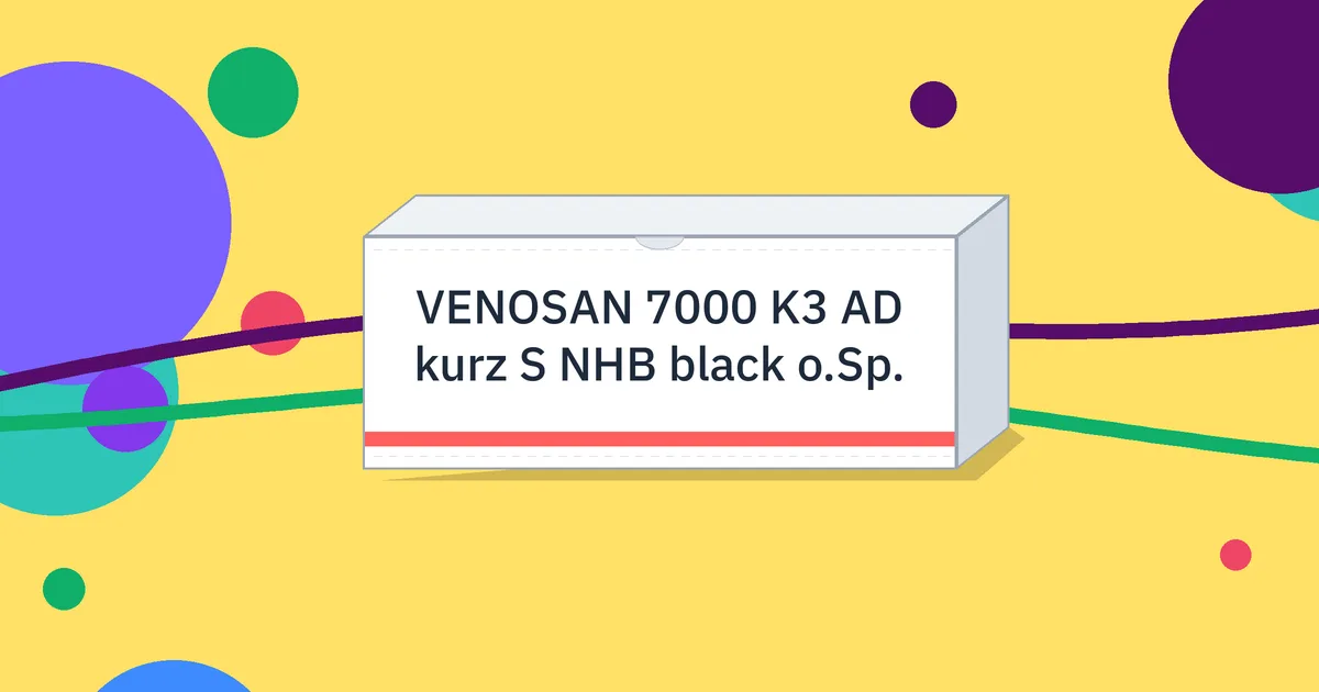 Symbolbild: Packung mit der Aufschrift VENOSAN 7000 K3 AD kurz S NHB black o.Sp. (PZN 14436379) – Verfügbarkeit und Bezug in Apotheken in Frankfurt am Main