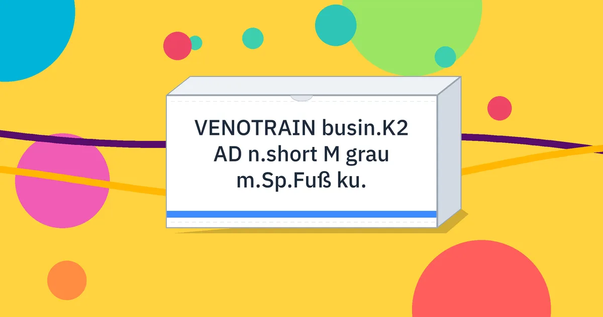 Symbolbild: Packung mit der Aufschrift VENOTRAIN busin.K2 AD n.short M grau m.Sp.Fuß ku. (PZN 19057540) – Verfügbarkeit und Bezug in Apotheken in Frankfurt am Main