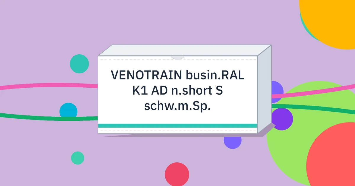 Symbolbild: Packung mit der Aufschrift VENOTRAIN busin.RAL K1 AD n.short S schw.m.Sp. (PZN 06948591) – Verfügbarkeit und Bezug in Apotheken in Frankfurt am Main