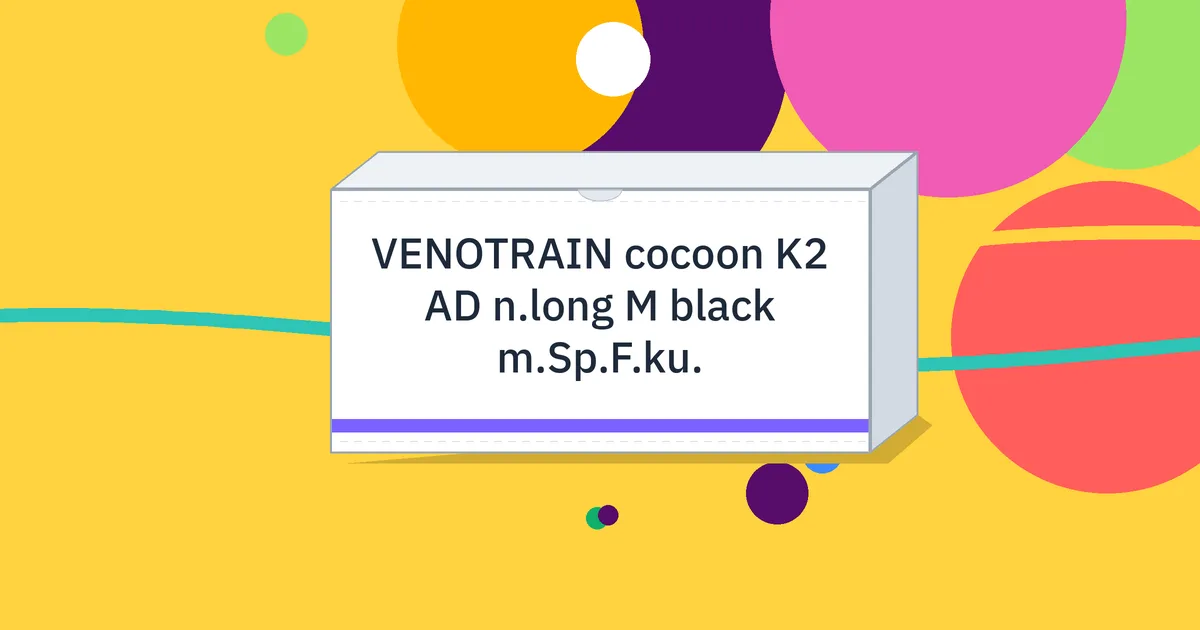 Symbolbild: Packung mit der Aufschrift VENOTRAIN cocoon K2 AD n.long M black m.Sp.F.ku. (PZN 14401719) – Verfügbarkeit und Bezug in Apotheken in Frankfurt am Main