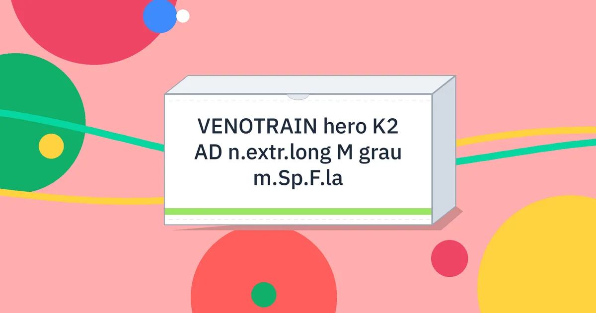 Symbolbild: Packung mit der Aufschrift VENOTRAIN hero K2 AD n.extr.long M grau m.Sp.F.la (PZN 19190546) – Verfügbarkeit und Bezug in Apotheken in Frankfurt am Main