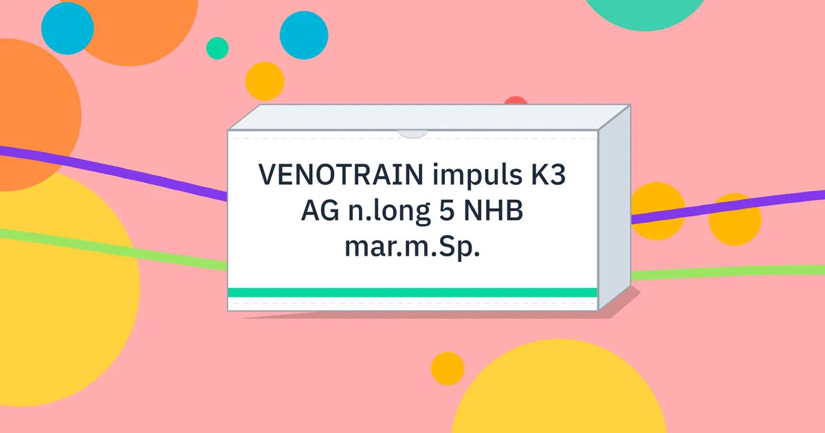 Symbolbild: Packung mit der Aufschrift VENOTRAIN impuls K3 AG n.long 5 NHB mar.m.Sp. (PZN 15215315) – Verfügbarkeit und Bezug in Apotheken in Frankfurt am Main