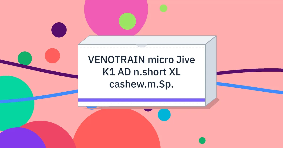 Symbolbild: Packung mit der Aufschrift VENOTRAIN micro Jive K1 AD n.short XL cashew.m.Sp. (PZN 20768217) – Verfügbarkeit und Bezug in Apotheken in Frankfurt am Main
