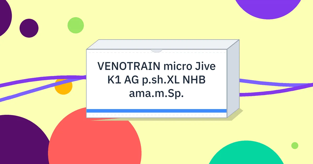Symbolbild: Packung mit der Aufschrift VENOTRAIN micro Jive K1 AG p.sh.XL NHB ama.m.Sp. (PZN 17765037) – Verfügbarkeit und Bezug in Apotheken in Frankfurt am Main