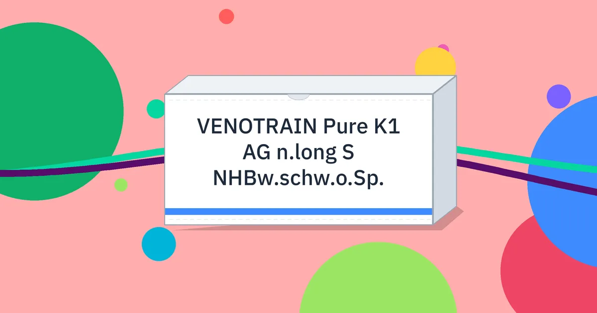 Symbolbild: Packung mit der Aufschrift VENOTRAIN Pure K1 AG n.long S NHBw.schw.o.Sp. (PZN 18150869) – Verfügbarkeit und Bezug in Apotheken in Frankfurt am Main