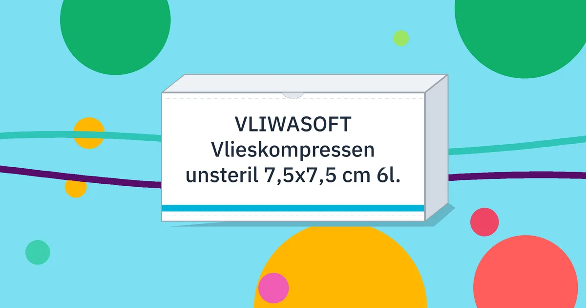 Symbolbild: Packung mit der Aufschrift VLIWASOFT Vlieskompressen unsteril 7,5x7,5 cm 6l. (PZN 15431496) – Verfügbarkeit und Bezug in Apotheken in Frankfurt am Main