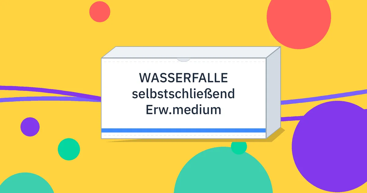 Symbolbild: Packung mit der Aufschrift WASSERFALLE selbstschließend Erw.medium (PZN 17431690) – Verfügbarkeit und Bezug in Apotheken in Frankfurt am Main
