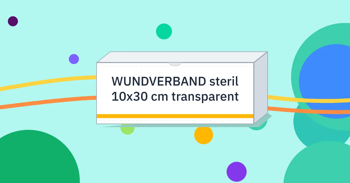 Symbolbild: Packung mit der Aufschrift WUNDVERBAND steril 10x30 cm transparent (PZN 19813757) – Verfügbarkeit und Bezug in Apotheken in Frankfurt am Main