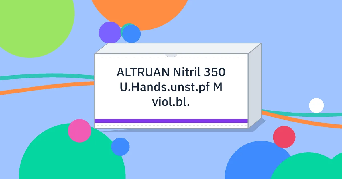 Symbolbild: Packung mit der Aufschrift ALTRUAN Nitril 350 U.Hands.unst.pf M viol.bl. (PZN 20114645) – Verfügbarkeit und Bezug in Apotheken in Frankfurt am Main