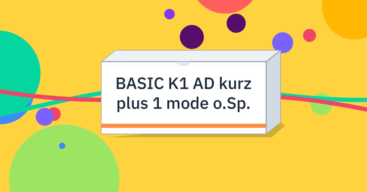 Symbolbild: Packung mit der Aufschrift BASIC K1 AD kurz plus 1 mode o.Sp. (PZN 20257238) – Verfügbarkeit und Bezug in Apotheken in Frankfurt am Main
