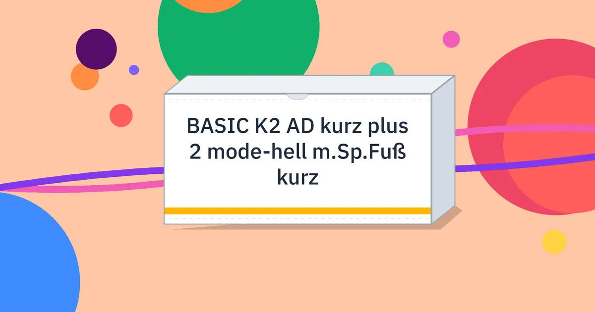 Symbolbild: Packung mit der Aufschrift BASIC K2 AD kurz plus 2 mode-hell m.Sp.Fuß kurz (PZN 20264072) – Verfügbarkeit und Bezug in Apotheken in Frankfurt am Main
