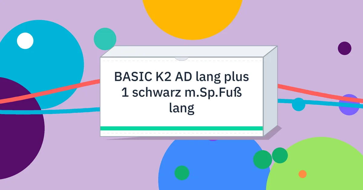 Symbolbild: Packung mit der Aufschrift BASIC K2 AD lang plus 1 schwarz m.Sp.Fuß lang (PZN 20263463) – Verfügbarkeit und Bezug in Apotheken in Frankfurt am Main