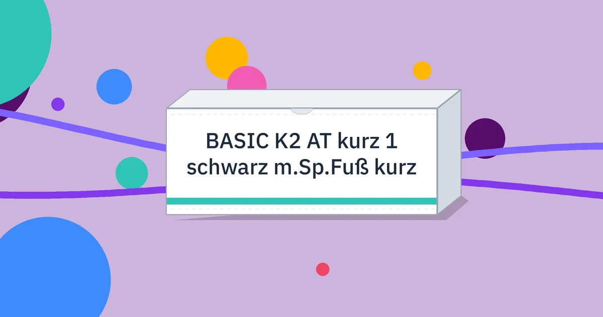Symbolbild: Packung mit der Aufschrift BASIC K2 AT kurz 1 schwarz m.Sp.Fuß kurz (PZN 20268704) – Verfügbarkeit und Bezug in Apotheken in Frankfurt am Main