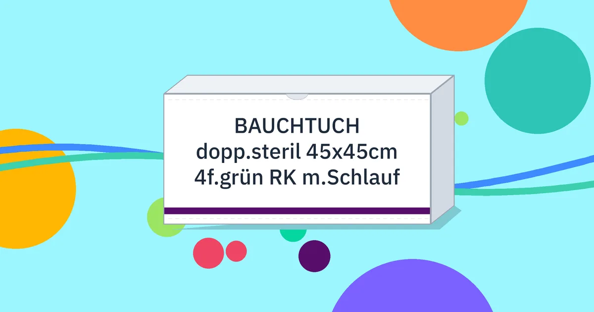 Symbolbild: Packung mit der Aufschrift BAUCHTUCH dopp.steril 45x45cm 4f.grün RK m.Schlauf (PZN 13166334) – Verfügbarkeit und Bezug in Apotheken in Frankfurt am Main