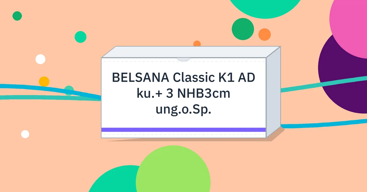 Symbolbild: Packung mit der Aufschrift BELSANA Classic K1 AD ku.+ 3 NHB3cm ung.o.Sp. (PZN 19255748) – Verfügbarkeit und Bezug in Apotheken in Frankfurt am Main