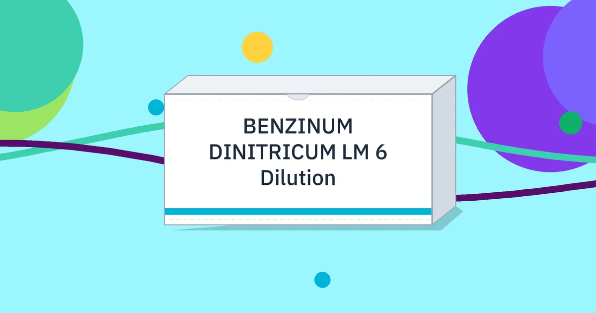 Symbolbild: Packung mit der Aufschrift BENZINUM DINITRICUM LM 6 Dilution (PZN 13382078) – Verfügbarkeit und Bezug in Apotheken in Frankfurt am Main