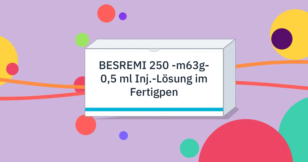 Symbolbild: Packung mit der Aufschrift BESREMI 250 -m63g-0,5 ml Inj.-Lösung im Fertigpen (PZN 17242374) – Verfügbarkeit und Bezug in Apotheken in Frankfurt am Main