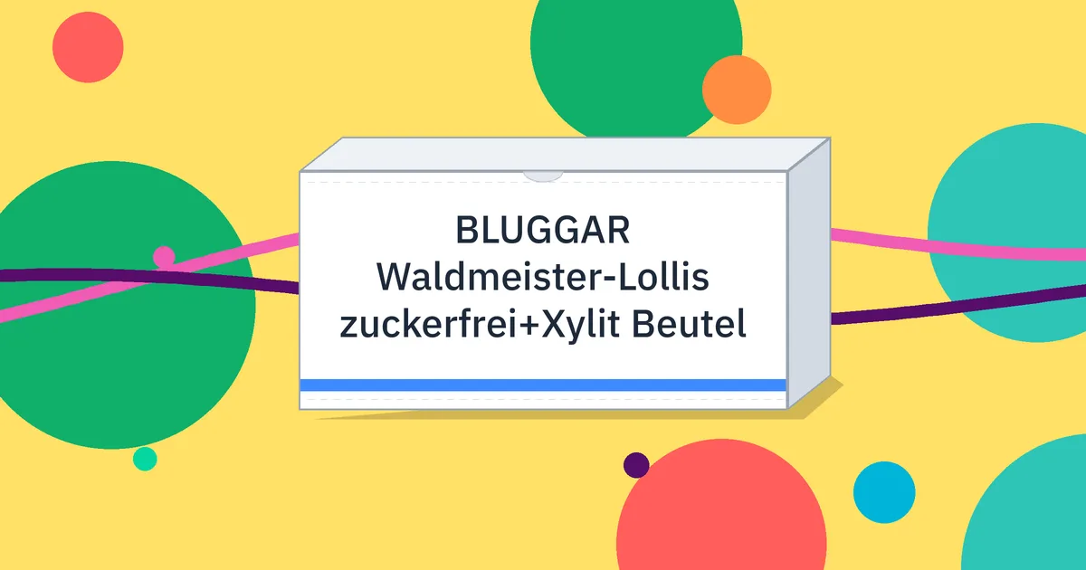 Symbolbild: Packung mit der Aufschrift BLUGGAR Waldmeister-Lollis zuckerfrei+Xylit Beutel (PZN 20603999) – Verfügbarkeit und Bezug in Apotheken in Frankfurt am Main