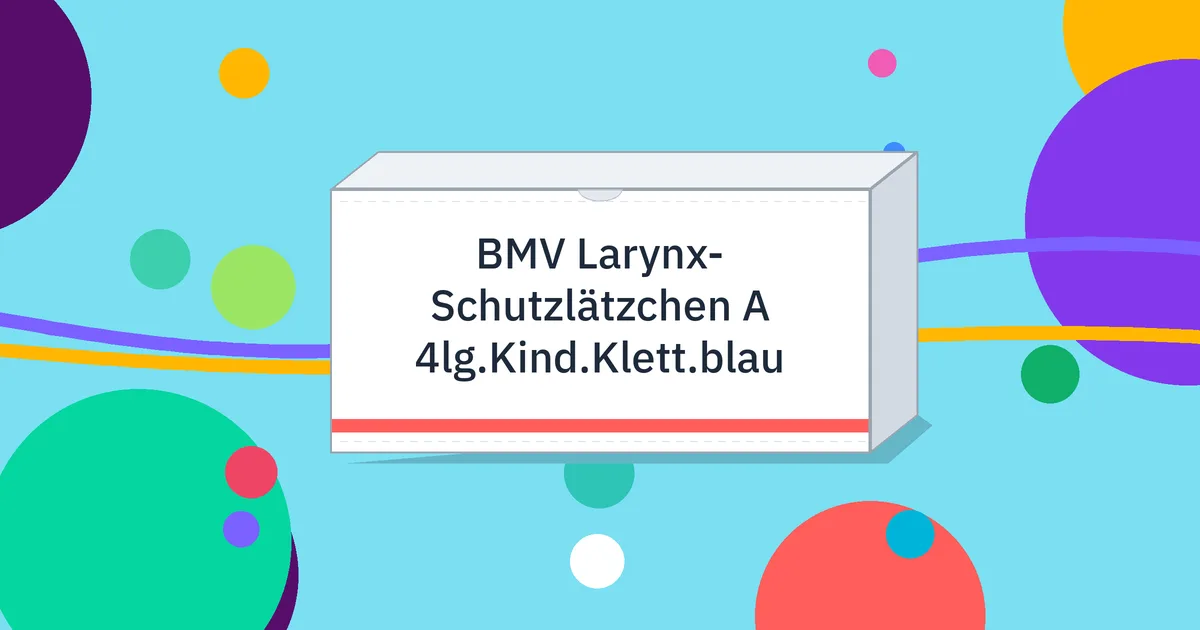Symbolbild: Packung mit der Aufschrift BMV Larynx-Schutzlätzchen A 4lg.Kind.Klett.blau (PZN 10083659) – Verfügbarkeit und Bezug in Apotheken in Frankfurt am Main