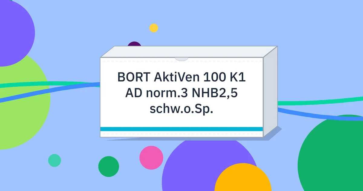 Symbolbild: Packung mit der Aufschrift BORT AktiVen 100 K1 AD norm.3 NHB2,5 schw.o.Sp. (PZN 17501953) – Verfügbarkeit und Bezug in Apotheken in Frankfurt am Main