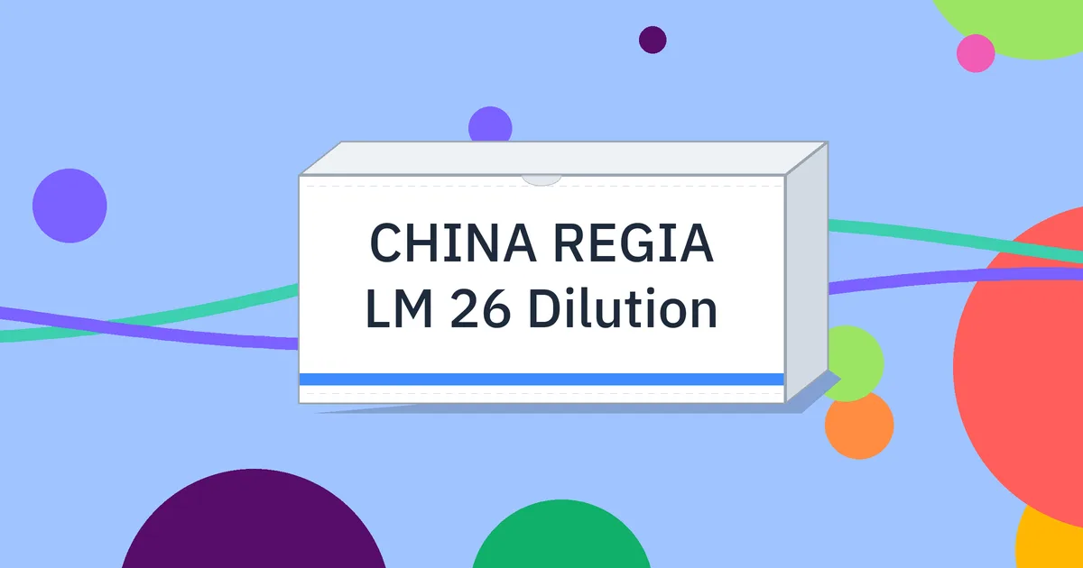 Symbolbild: Packung mit der Aufschrift CHINA REGIA LM 26 Dilution (PZN 12814446) – Verfügbarkeit und Bezug in Apotheken in Frankfurt am Main