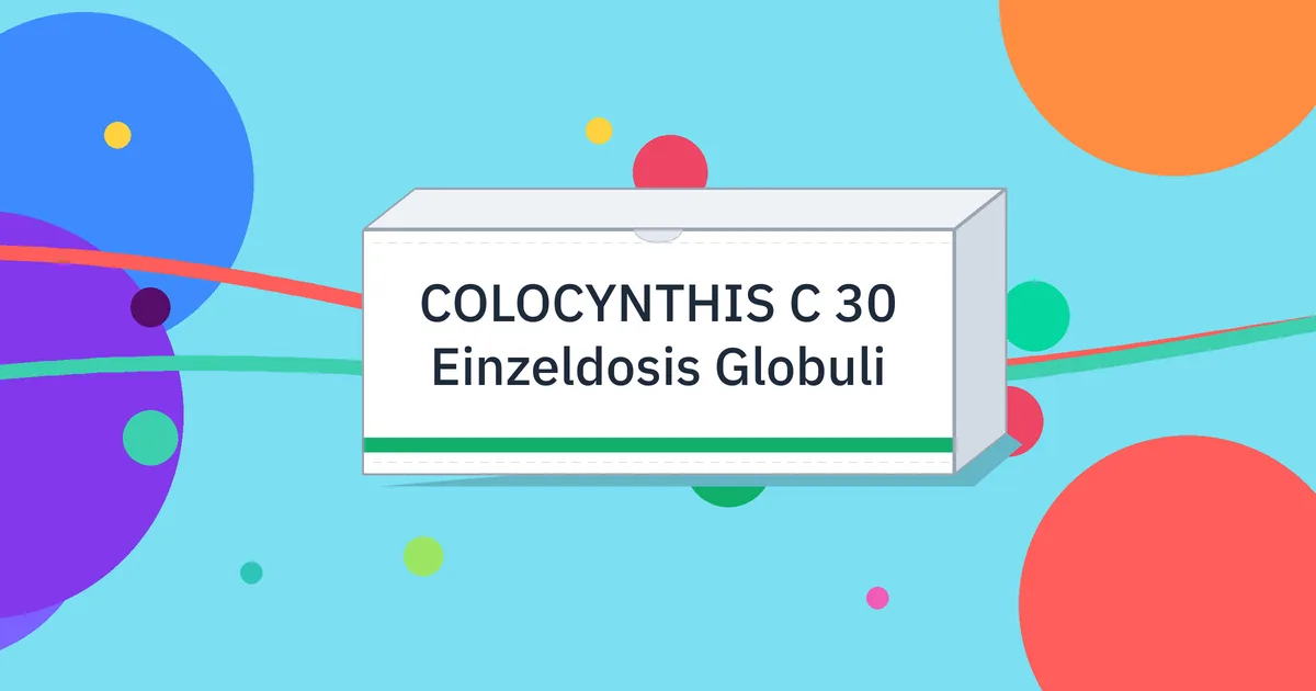 Symbolbild: Packung mit der Aufschrift COLOCYNTHIS C 30 Einzeldosis Globuli (PZN 01542714) – Verfügbarkeit und Bezug in Apotheken in Frankfurt am Main