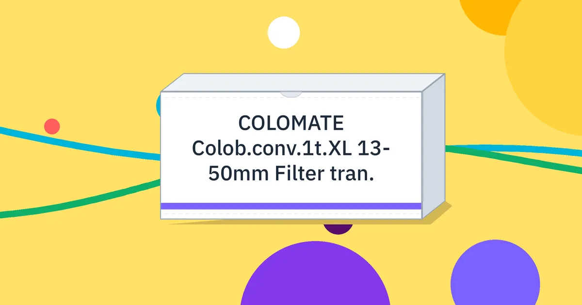 Symbolbild: Packung mit der Aufschrift COLOMATE Colob.conv.1t.XL 13-50mm Filter tran. (PZN 03320047) – Verfügbarkeit und Bezug in Apotheken in Frankfurt am Main