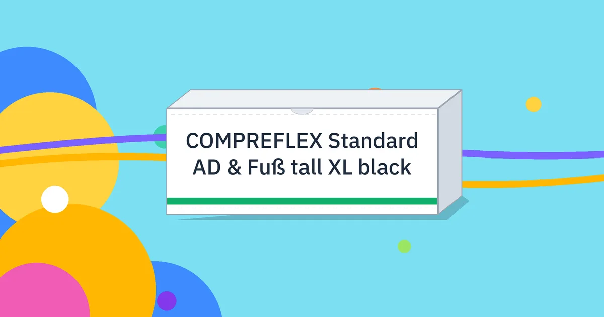 Symbolbild: Packung mit der Aufschrift COMPREFLEX Standard AD & Fuß tall XL black (PZN 19534388) – Verfügbarkeit und Bezug in Apotheken in Frankfurt am Main