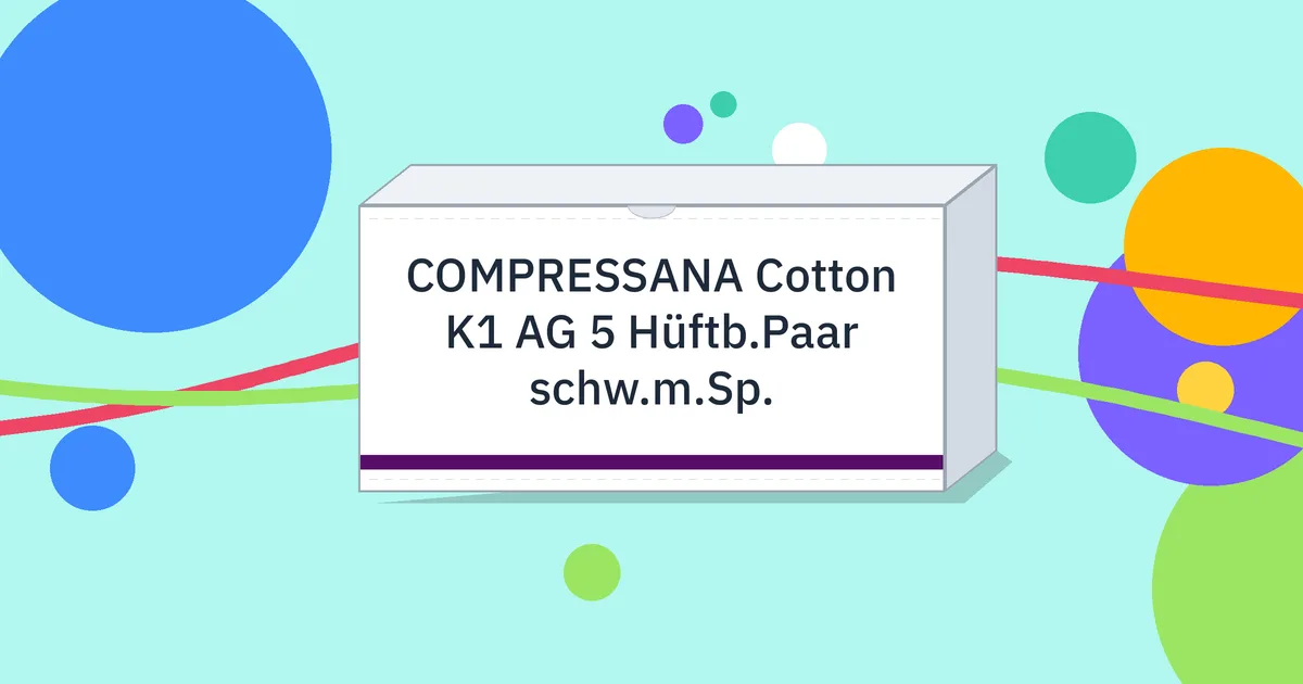 Symbolbild: Packung mit der Aufschrift COMPRESSANA Cotton K1 AG 5 Hüftb.Paar schw.m.Sp. (PZN 12980713) – Verfügbarkeit und Bezug in Apotheken in Frankfurt am Main