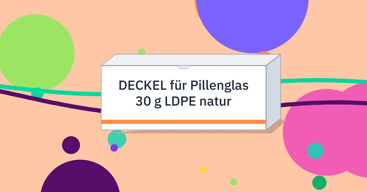 Symbolbild: Packung mit der Aufschrift DECKEL für Pillenglas 30 g LDPE natur (PZN 18187890) – Verfügbarkeit und Bezug in Apotheken in Frankfurt am Main