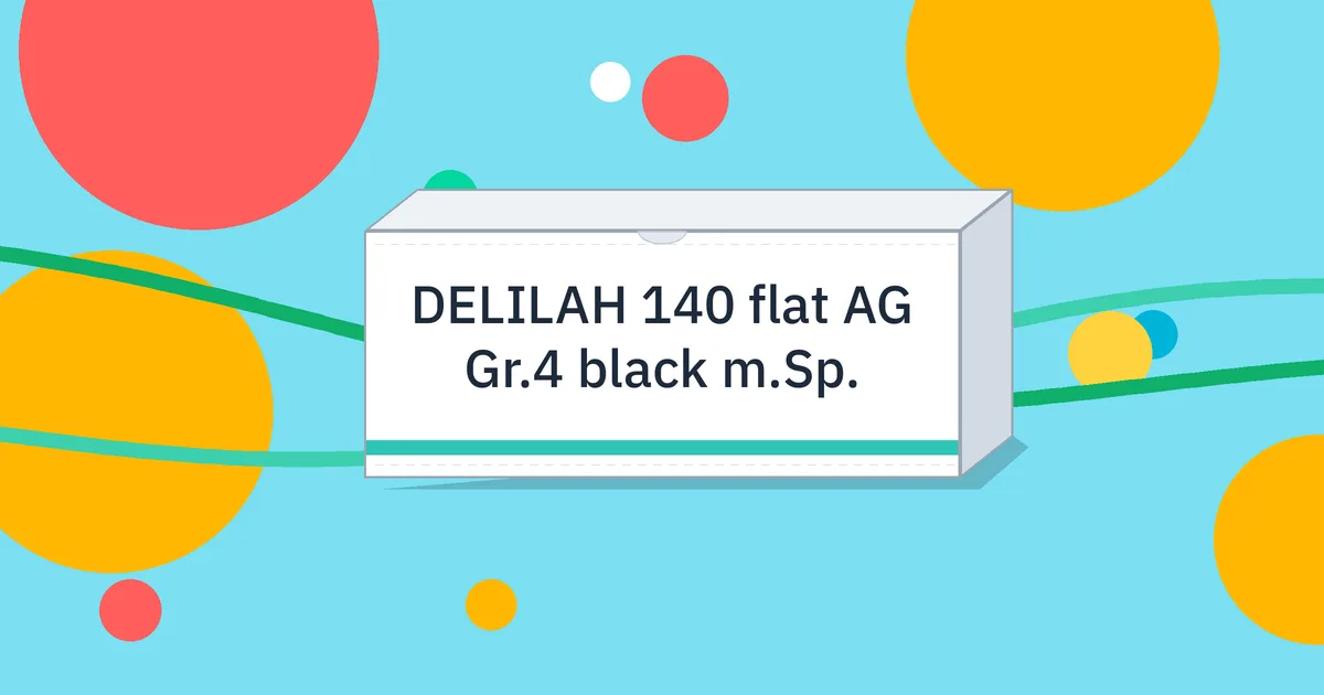 Symbolbild: Packung mit der Aufschrift DELILAH 140 flat AG Gr.4 black m.Sp. (PZN 14247394) – Verfügbarkeit und Bezug in Apotheken in Frankfurt am Main