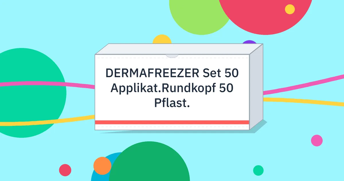 Symbolbild: Packung mit der Aufschrift DERMAFREEZER Set 50 Applikat.Rundkopf 50 Pflast. (PZN 10781719) – Verfügbarkeit und Bezug in Apotheken in Frankfurt am Main