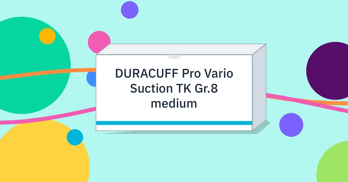 Symbolbild: Packung mit der Aufschrift DURACUFF Pro Vario Suction TK Gr.8 medium (PZN 19245313) – Verfügbarkeit und Bezug in Apotheken in Frankfurt am Main