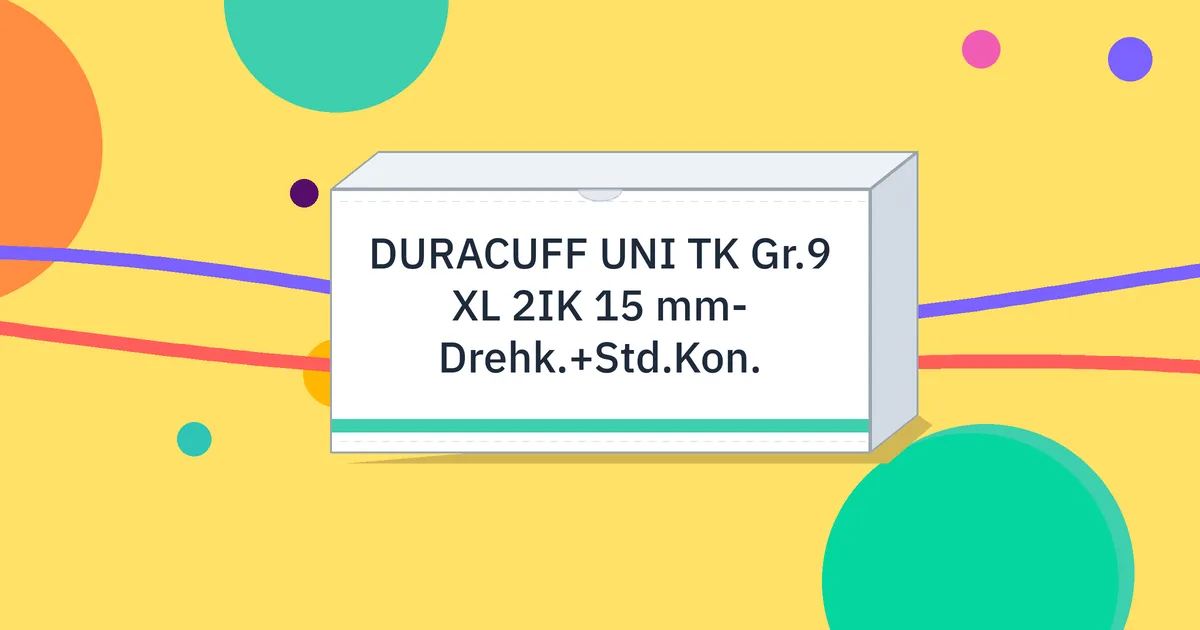 Symbolbild: Packung mit der Aufschrift DURACUFF UNI TK Gr.9 XL 2IK 15 mm-Drehk.+Std.Kon. (PZN 04963422) – Verfügbarkeit und Bezug in Apotheken in Frankfurt am Main